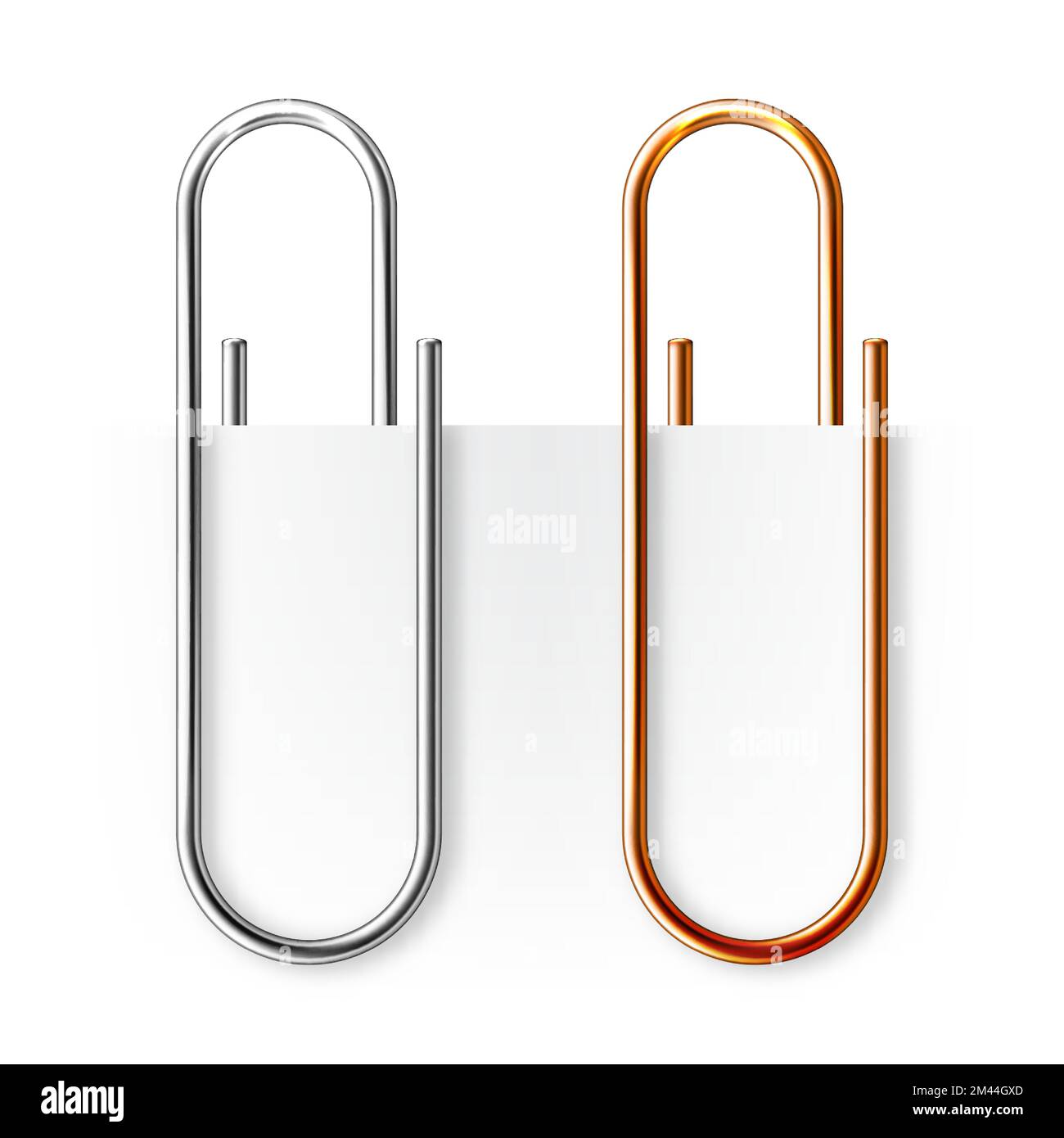 Realistic copper and steel paperclips attached to paper isolated on ...