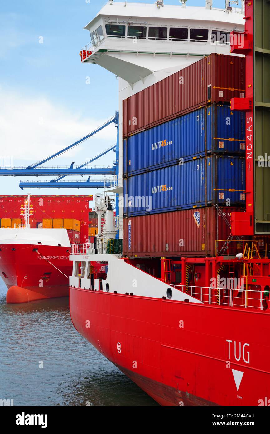 ROTTERDAM, NETHERLANDS -14 NOV 2021- View of a LNG powered cargo ship ...