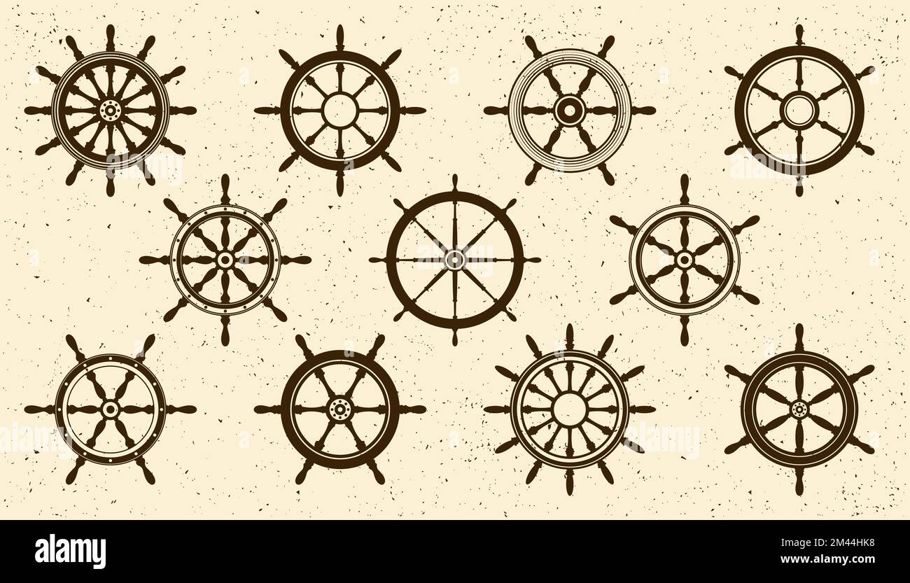 Collection of grunge vintage steering wheels. Ship, yacht retro wheel ...