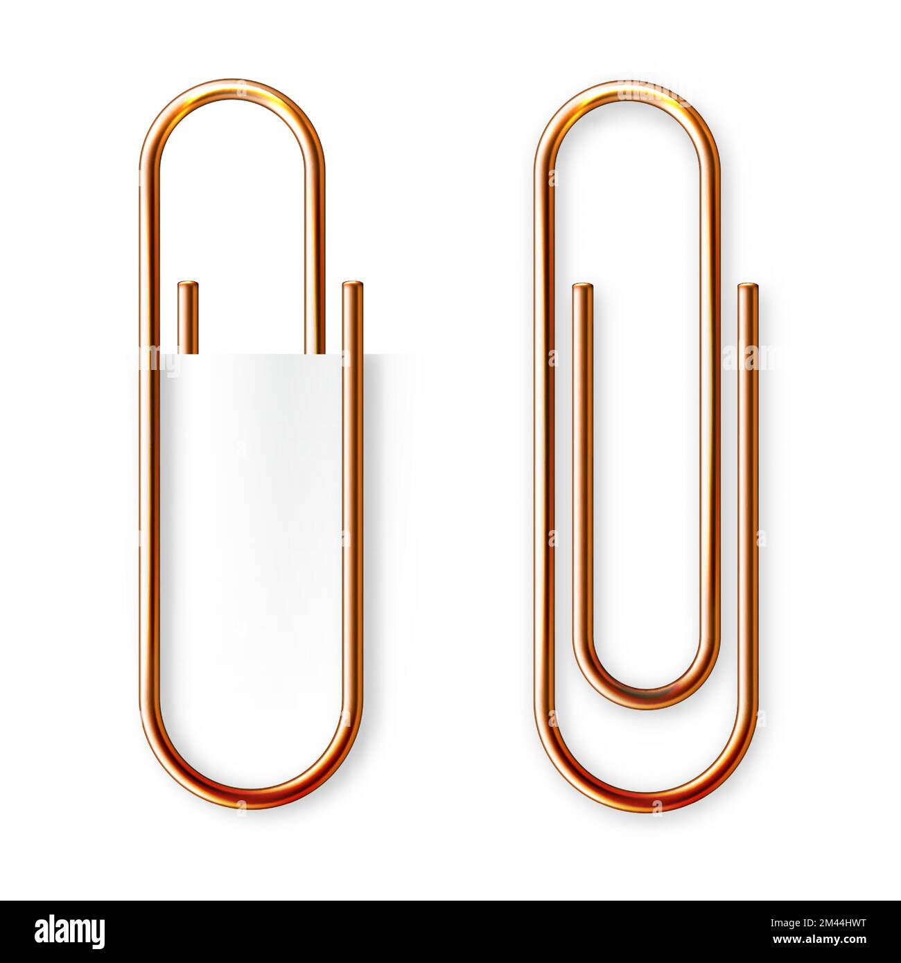 Realistic copper paperclip attached to paper isolated on white ...