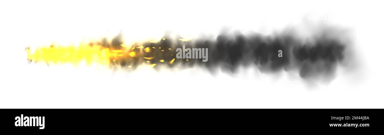 Realistic black smoke with fire, space rocket launch trail. Fire burst ...