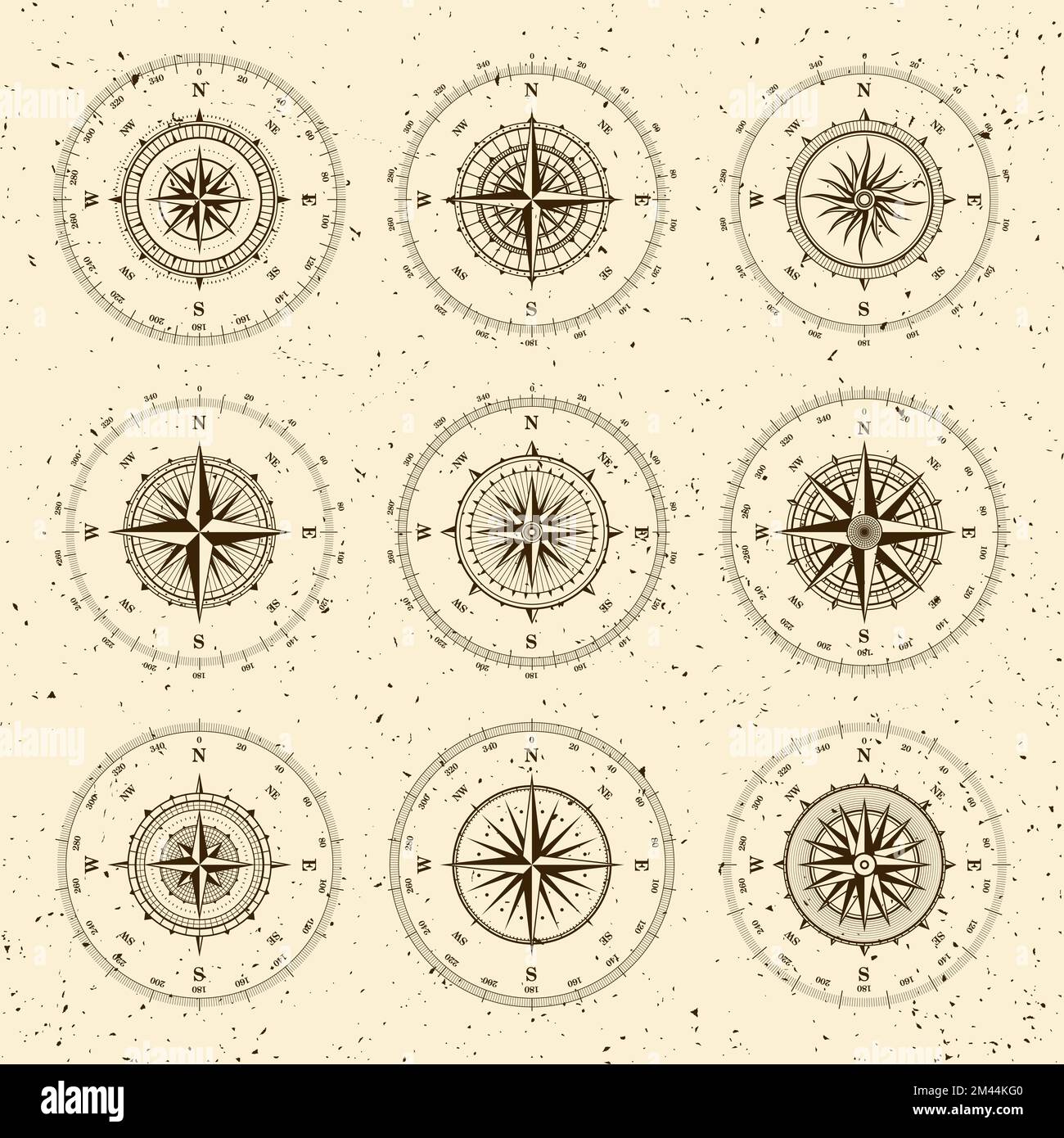 Vintage marine wind rose, nautical chart. Monochrome navigational ...