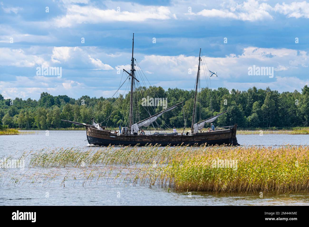 Viking boat on a lake Onega, Unesco site Kizhi island, Karelia, Russia ...