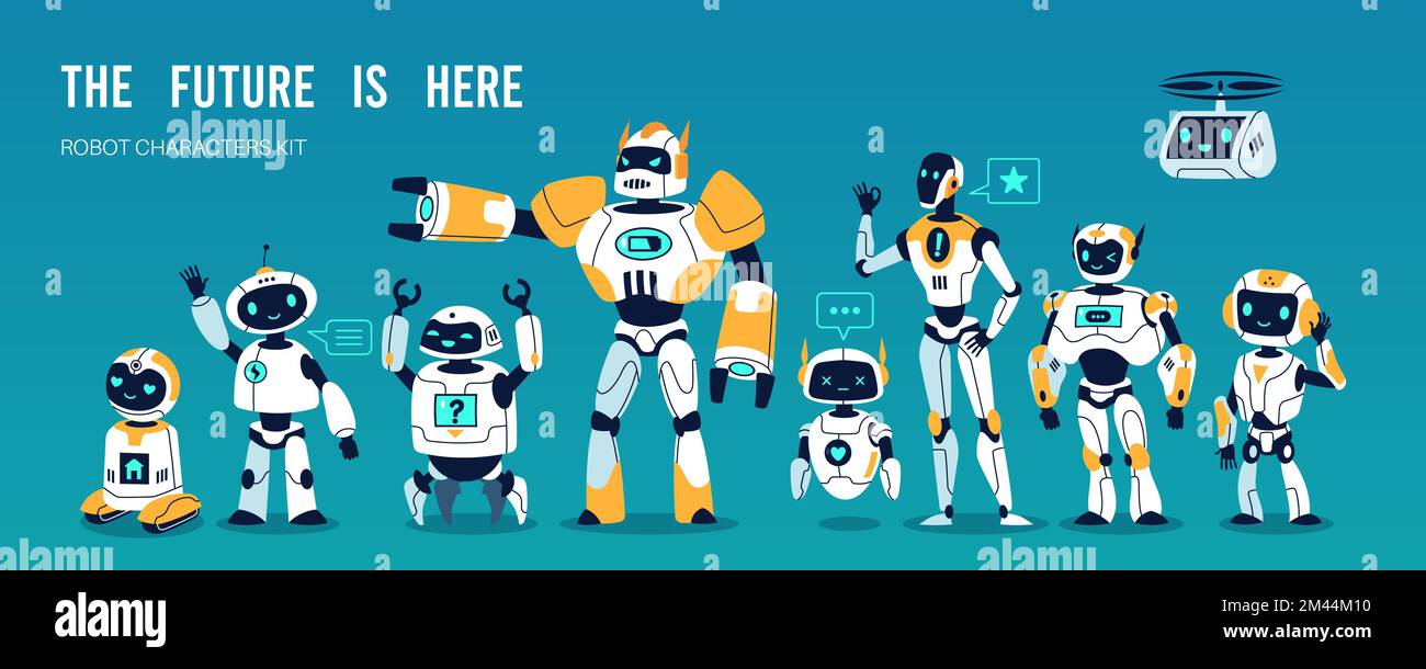 Cartoon robot characters. Funny futuristic toys, different type cyborgs ... Cartoon robot characters. Funny futuristic toys, different type cyborgs ...