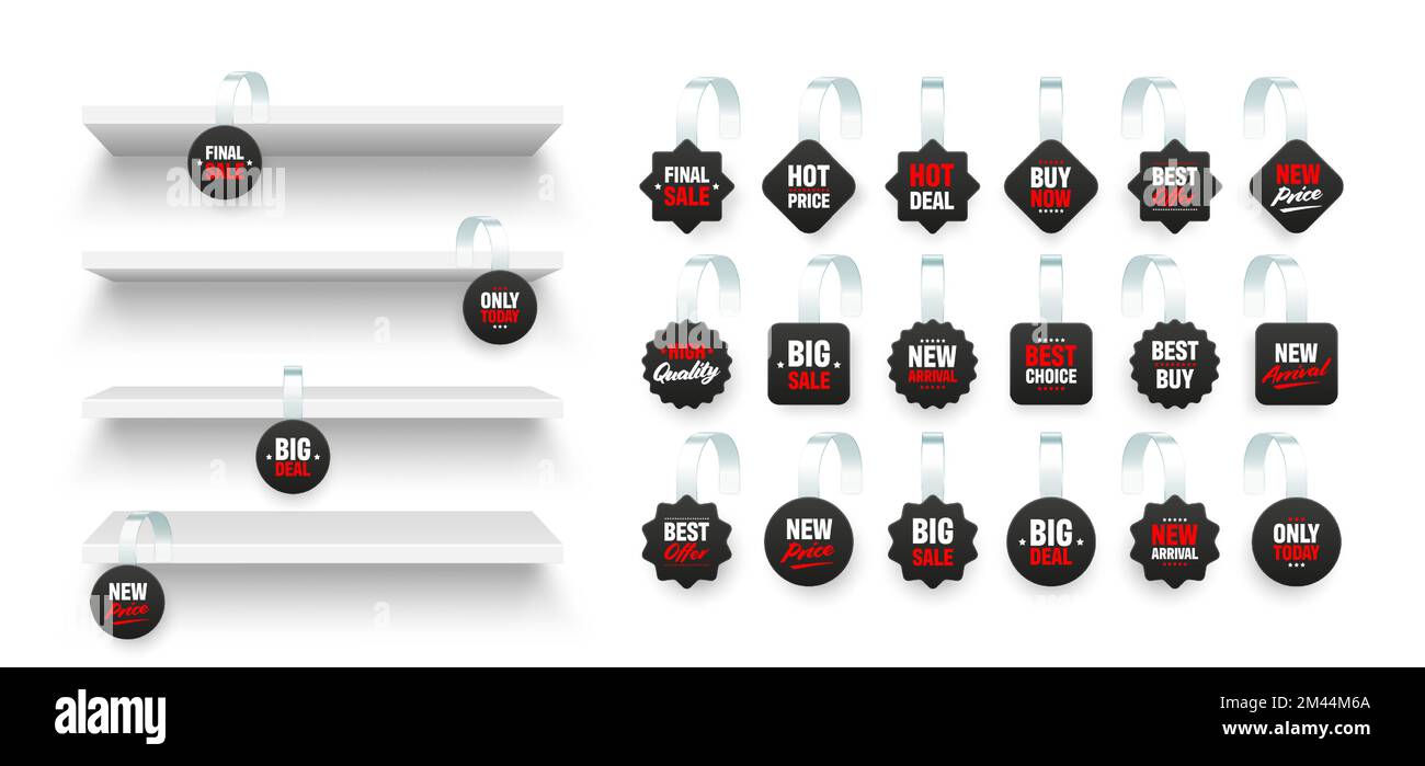 Store shelves with supermarket promotional wobblers. Product shelf and ...