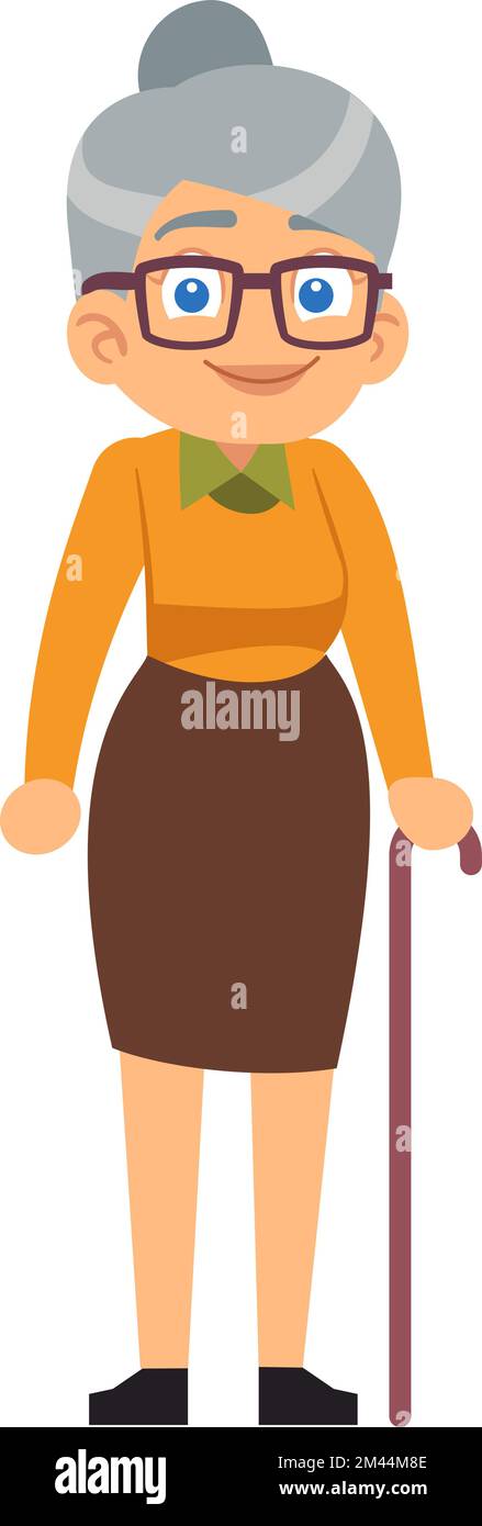 Elderly woman. Happy old senior female character in glasses with stick ...