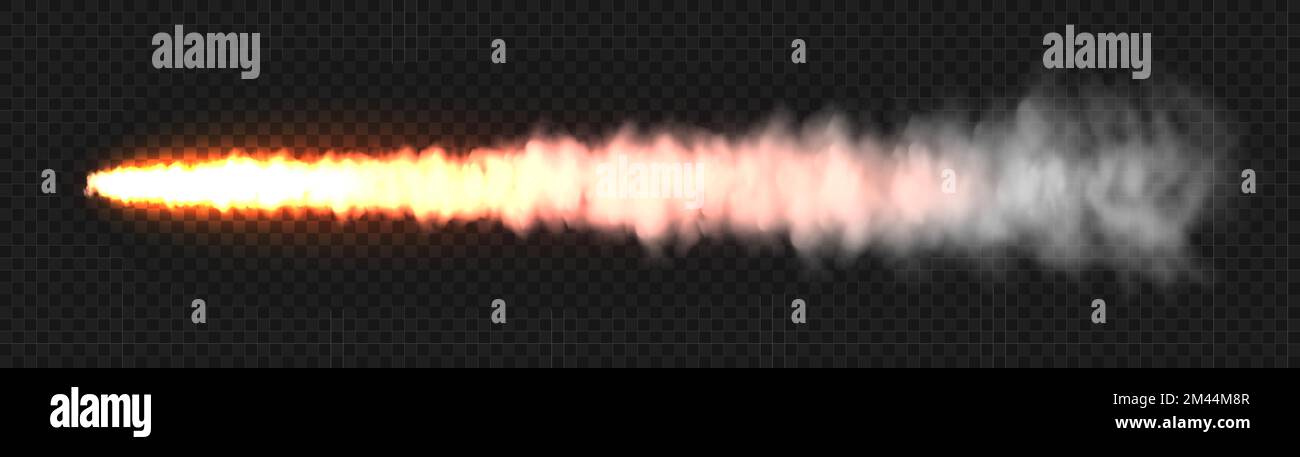 Realistic white smoke with fire, space rocket launch trail. Fire burst ...