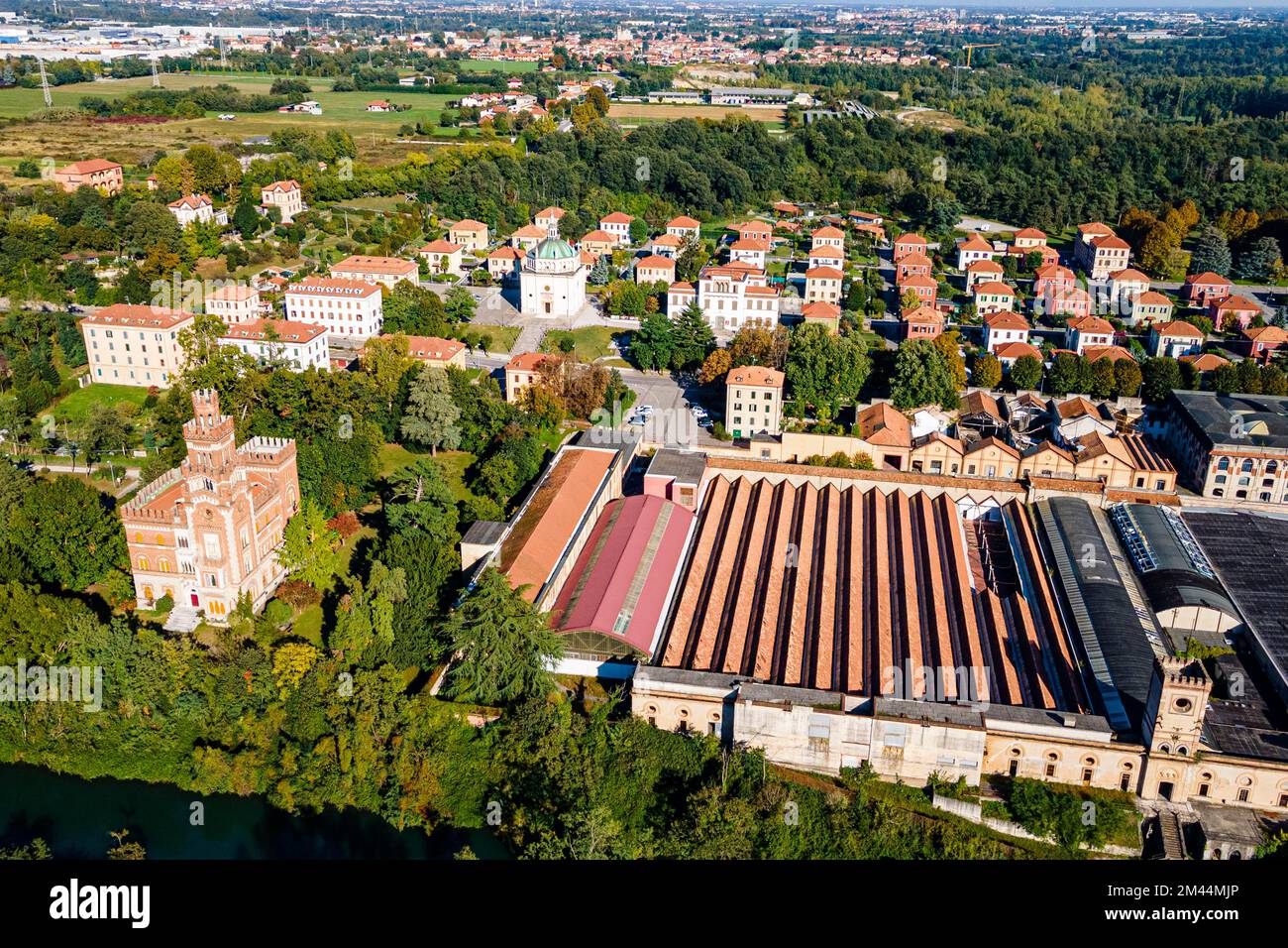 Aerial of the Unesco world heritage site "company town". Crespi dÂ´Adda ...