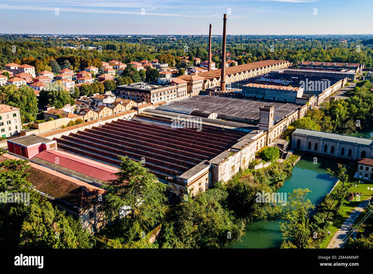 Aerial of the Unesco world heritage site "company town". Crespi dÂ´Adda ...