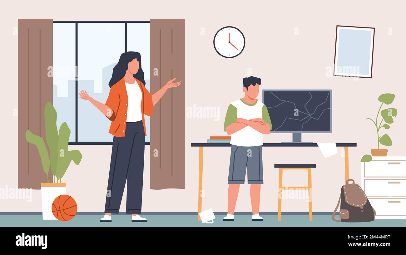 Parent quarrel with kid. Mother figuring relationship with naughty son, family scandal, unhappy ...