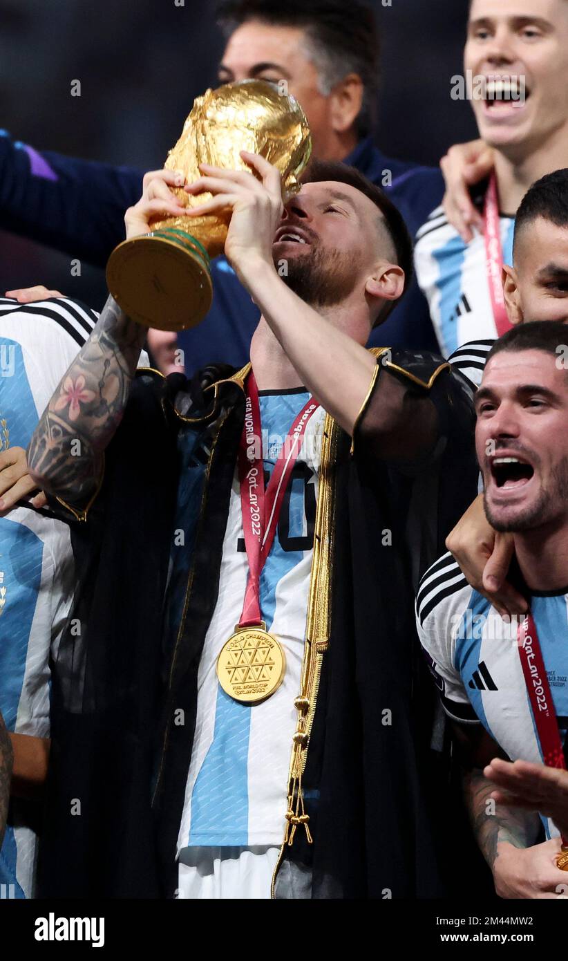 Qatar - 18/12/2022, Lionel Messi of Argentina holding the World Cup and ...