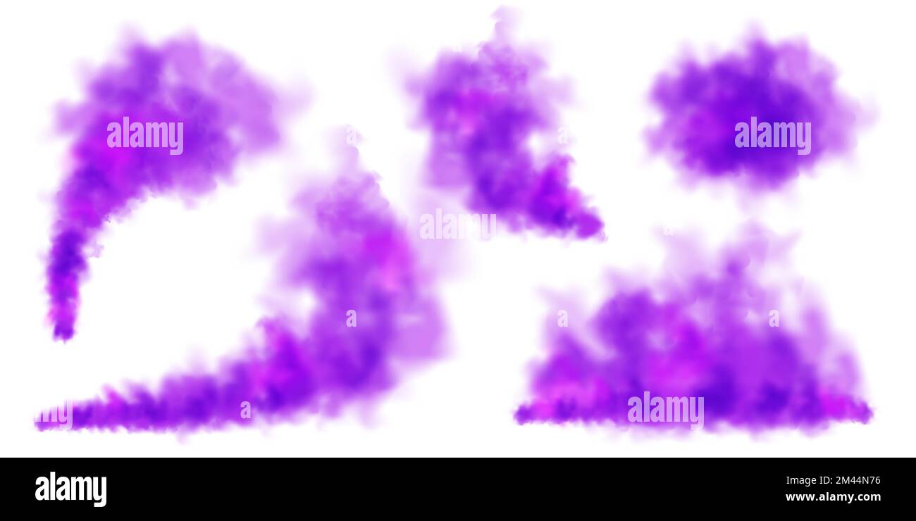 Violet colorful smoke clouds isolated on white background, realistic ...