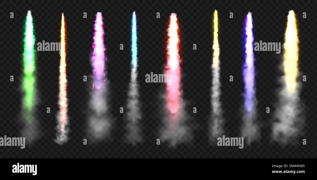 Realistic colorful space rocket trails. Festive fireworks launch. Fire ...