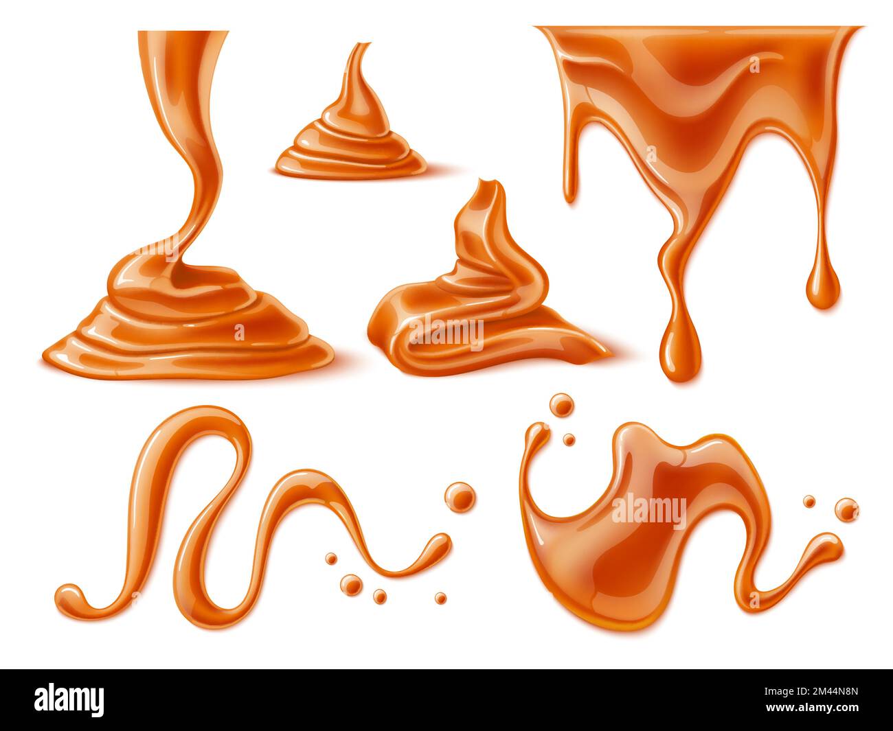 Realistic caramel melted. Liquid drips, drops and puddles, sugar syrup ...