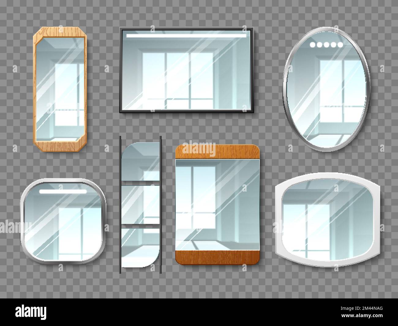 Realistic mirrors. Different shapes isolated reflective glossy glasses ...