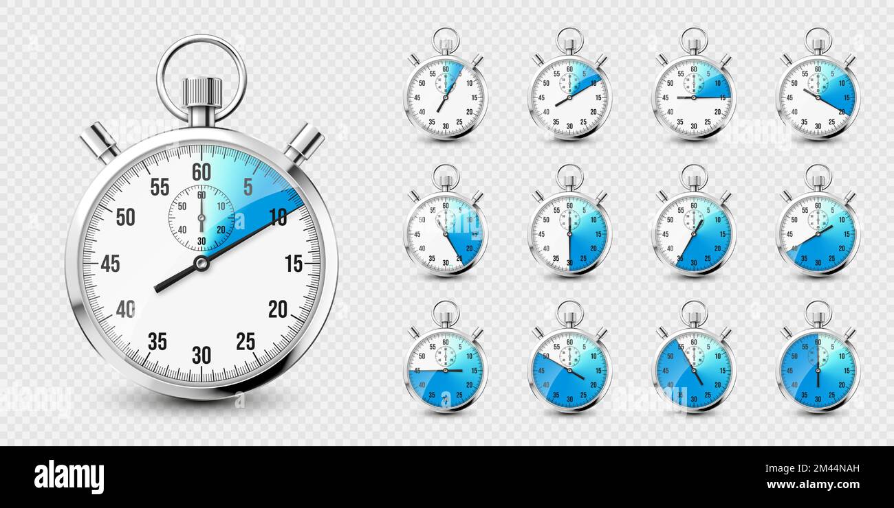 Realistic classic stopwatch icons. Shiny metal chronometer, time ...