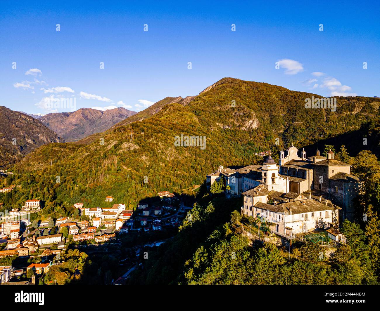 Aerial of the Unesco world heritage site Sacro Monte de Varallo, Italy ...