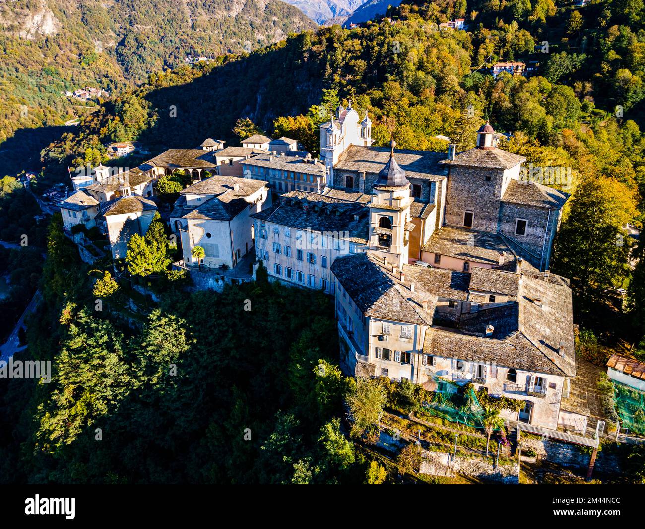 Aerial of the Unesco world heritage site Sacro Monte de Varallo, Italy ...