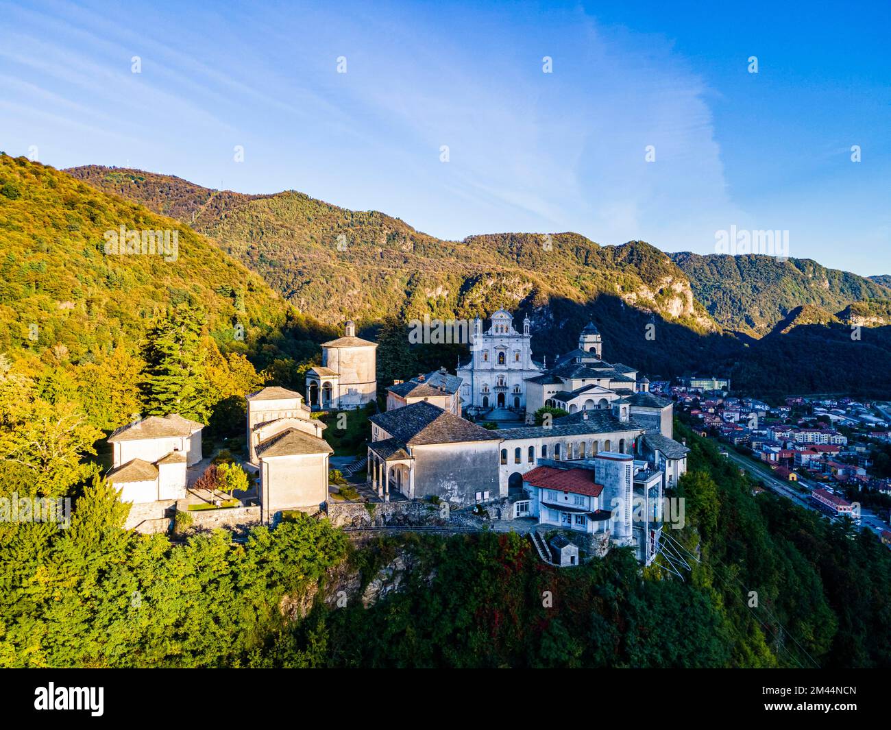 Aerial of the Unesco world heritage site Sacro Monte de Varallo, Italy ...