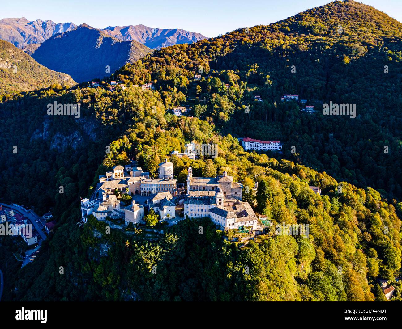 Aerial of the Unesco world heritage site Sacro Monte de Varallo, Italy ...