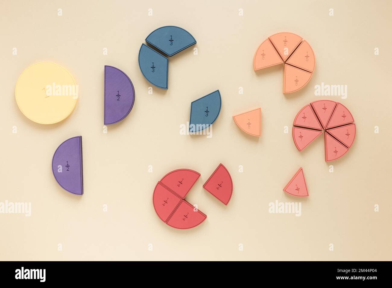 Colourful statistical pie charts science fractions Stock Photo - Alamy