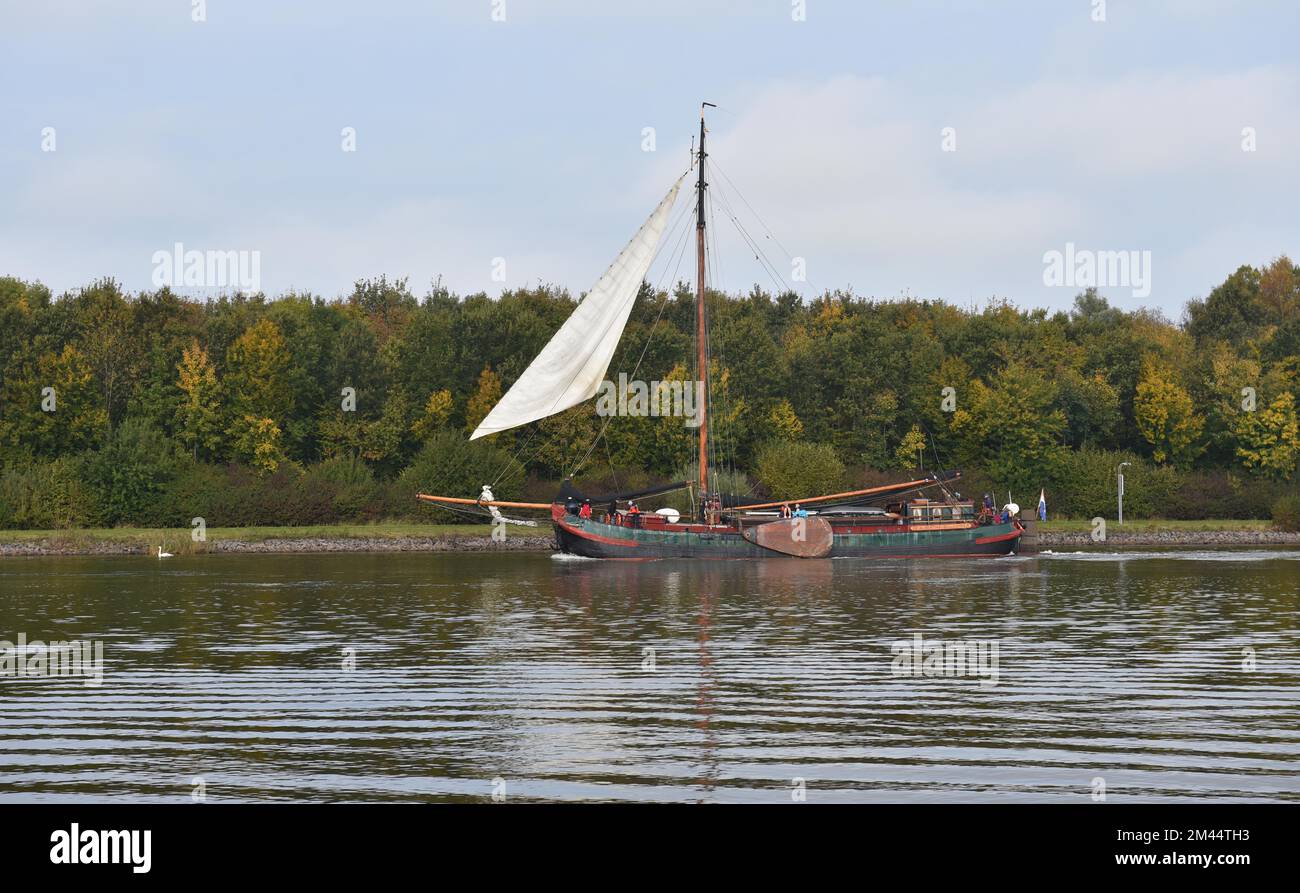 Flat-bottomed ship, traditional sailing vessel De Albertha in the Kiel ...