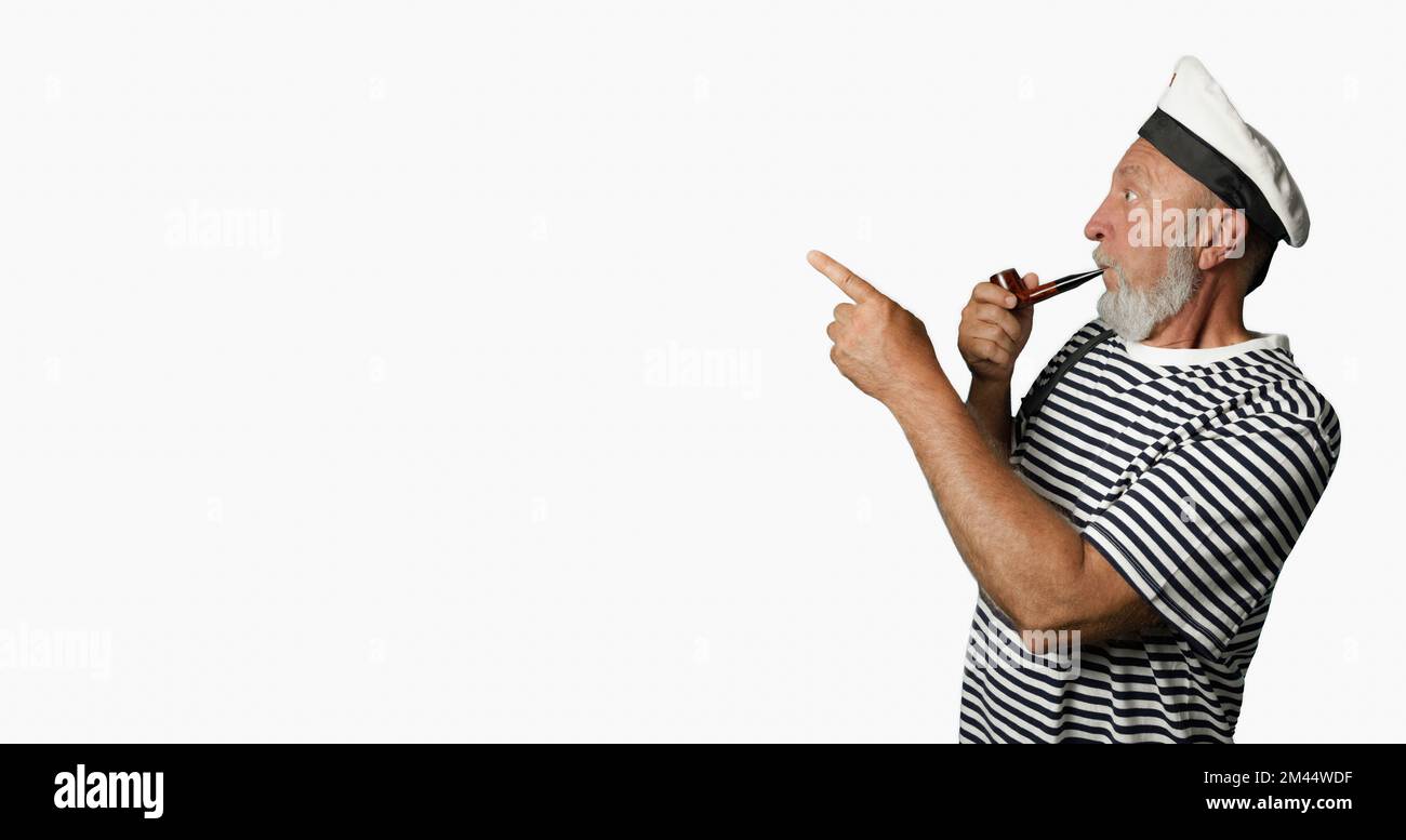 Cheerful sailor in profile on a white background. An old sailor with a ...