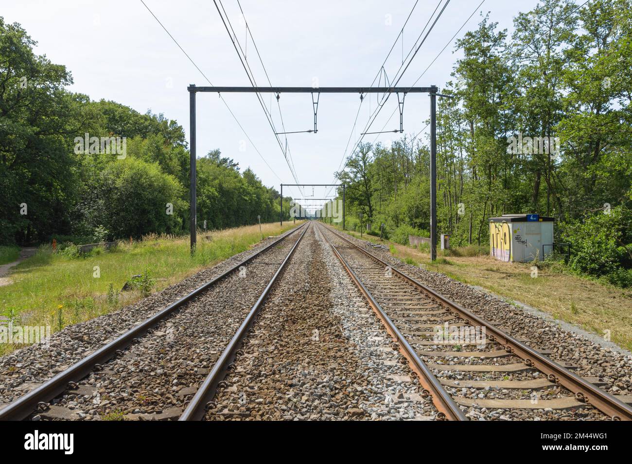 electric tracks railway wires perspective countryside landscape summer ...