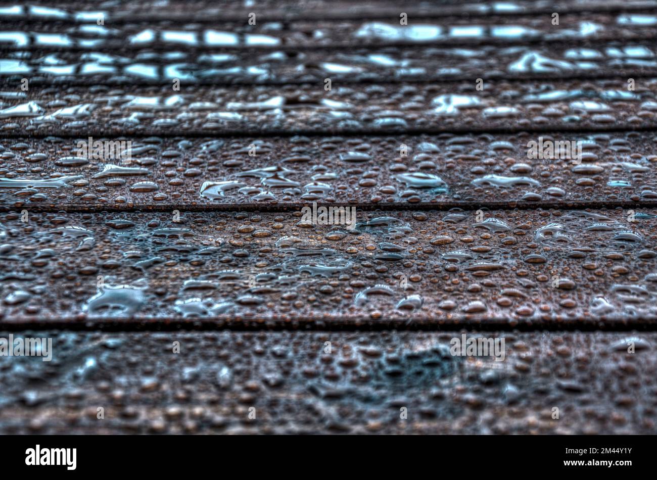Water beading up on a freshly stained wooden deck Stock Photo - Alamy
