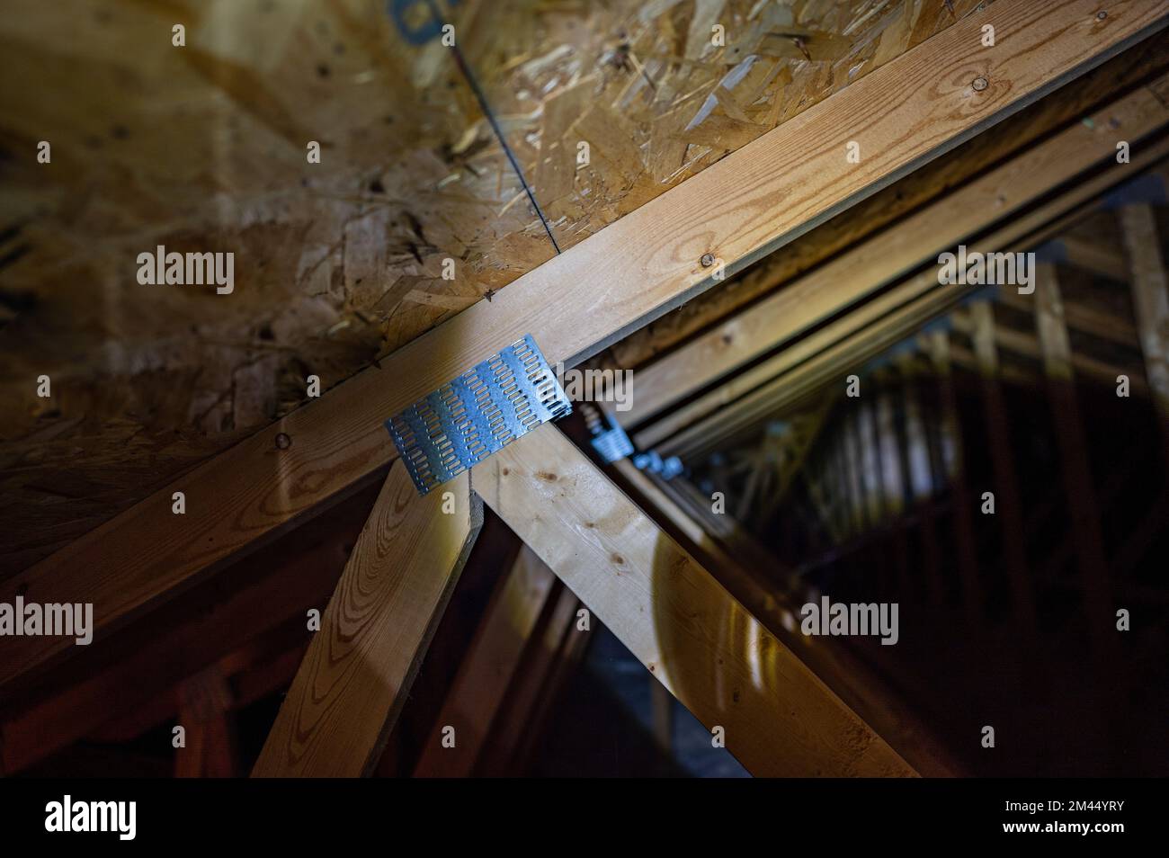 Rafter galvanized mending nail plate in an attic connecting a joint ...