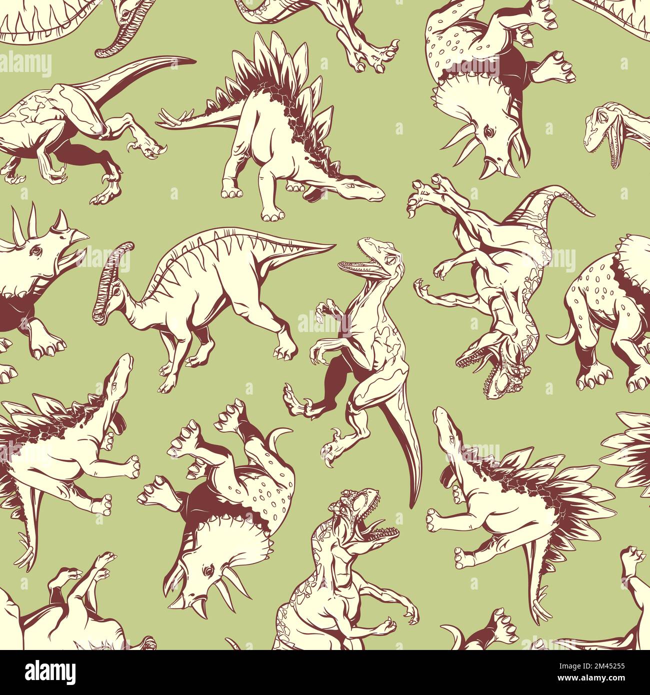 Dinosaur pattern on green background in hand drow style for print and ...