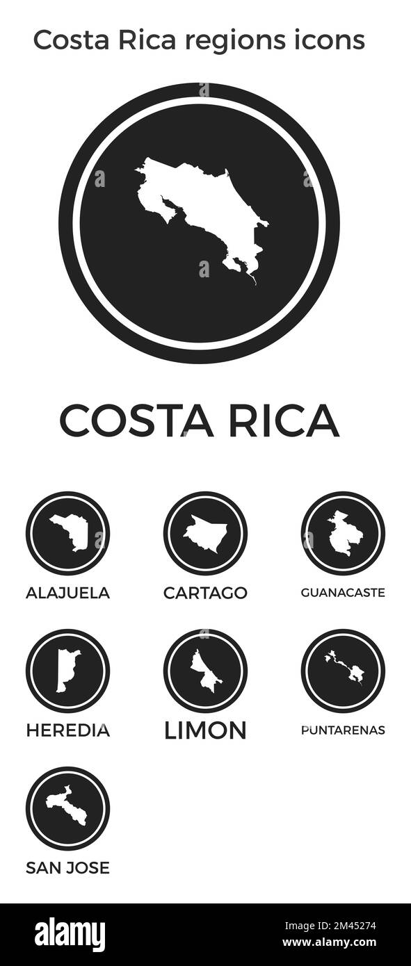 Costa Rica regions icons. Black round logos with country regions maps ...