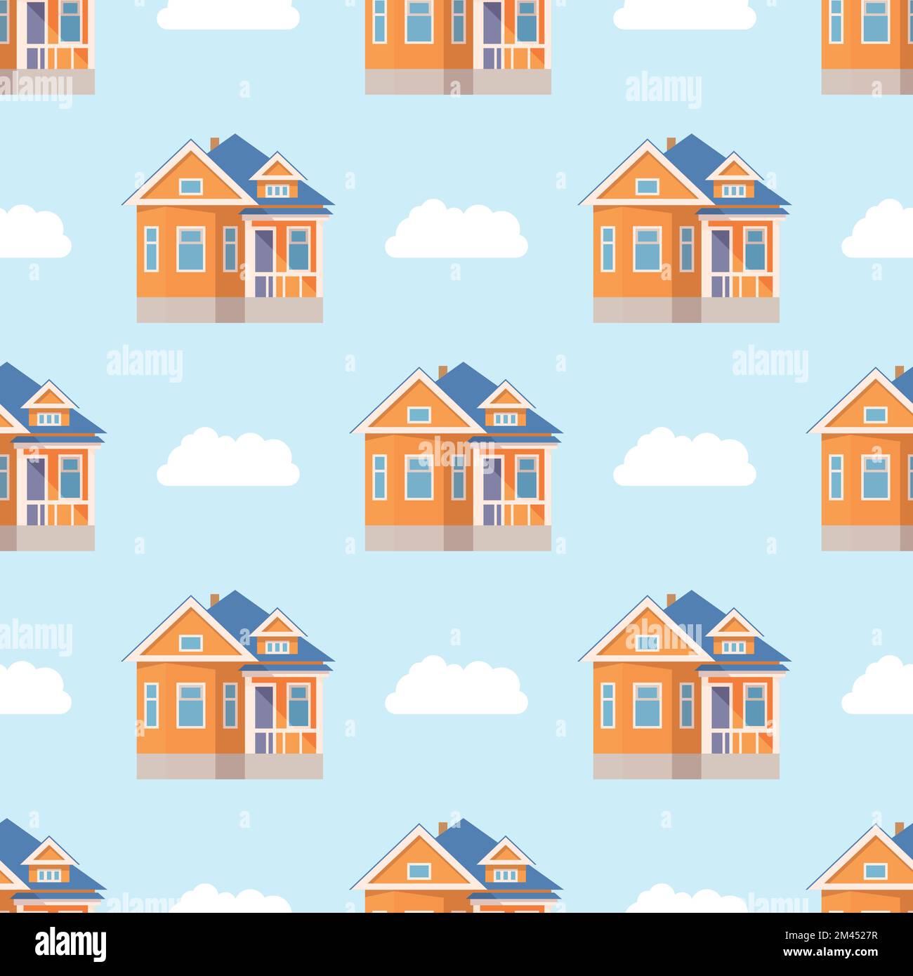 Blue pattern of houses and clouds in cartoon style for print and ...