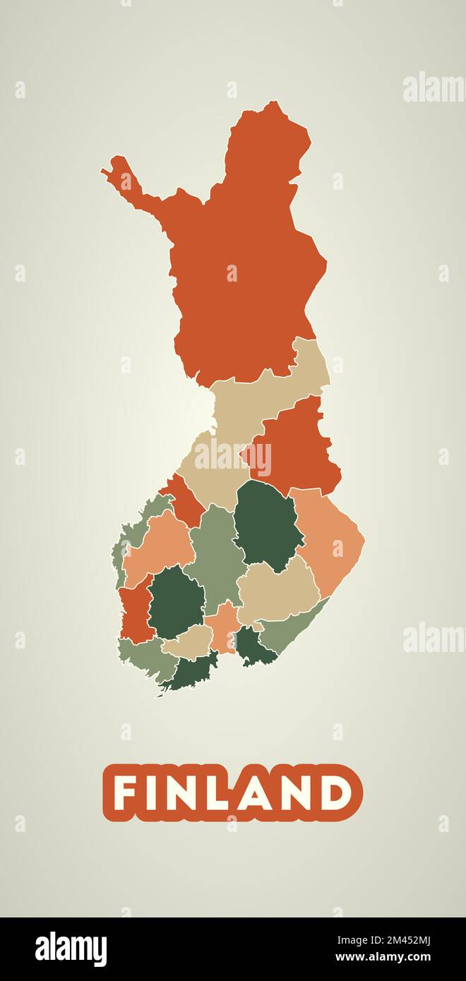 Finland poster in retro style. Map of the country with regions in ...