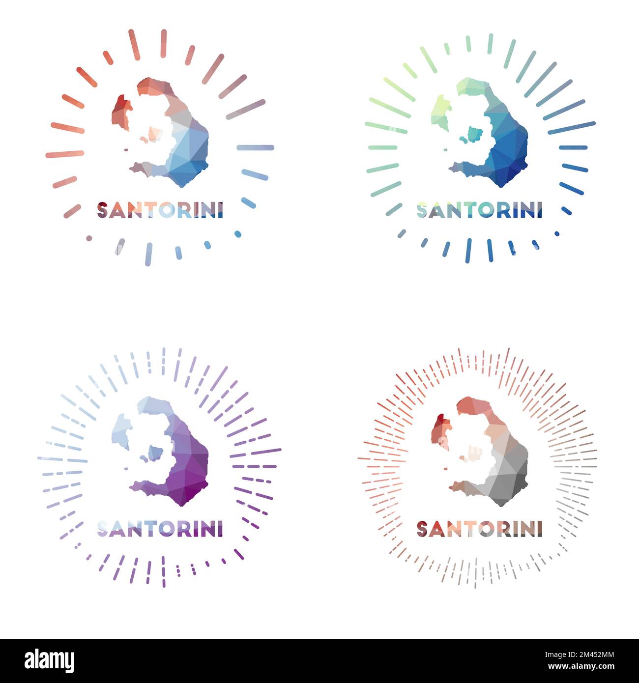 Santorini low poly sunburst set. Logo of island in geometric polygonal ...