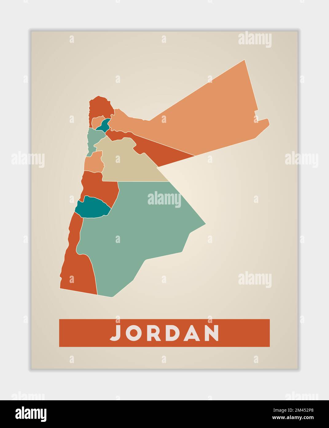 Jordan poster. Map of the country with colorful regions. Shape of Jordan with country name ...