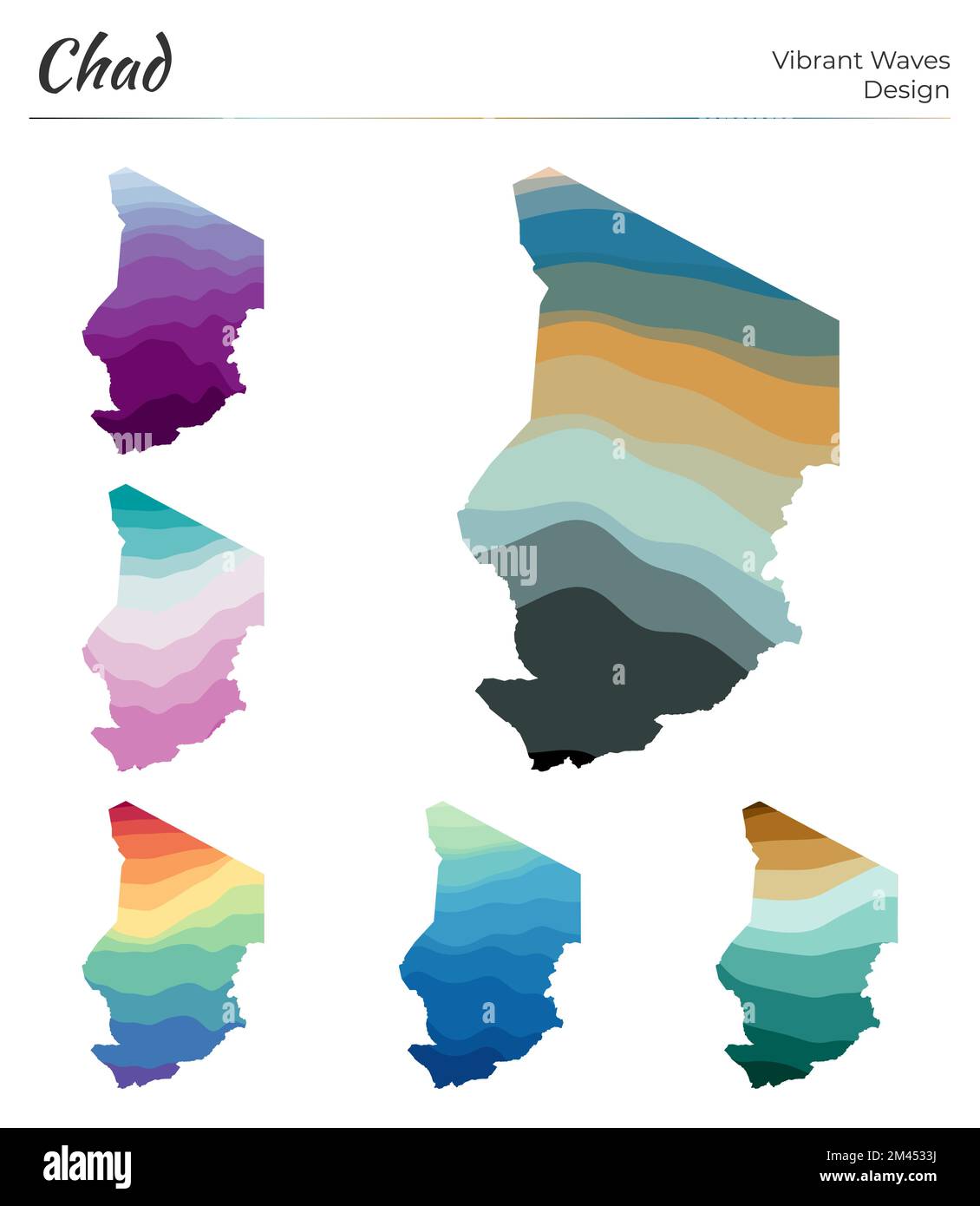 Set of vector maps of Chad. Vibrant waves design. Bright map of country in geometric smooth ...