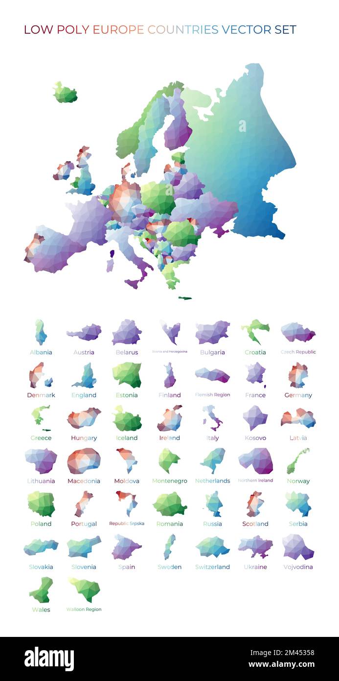 European low poly regions. Polygonal map of Europe with regions. Geometric maps for your design ...