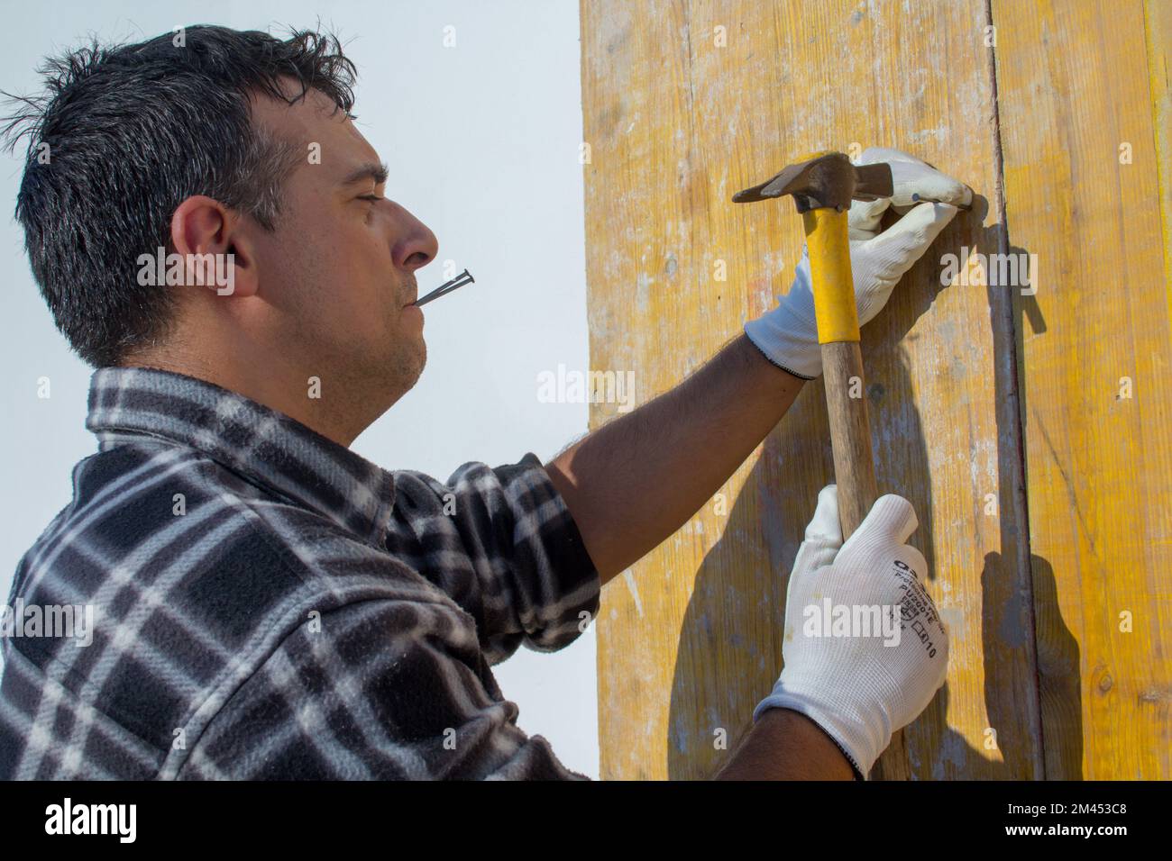 Bricklayer at work on a construction site while holding nails between ...