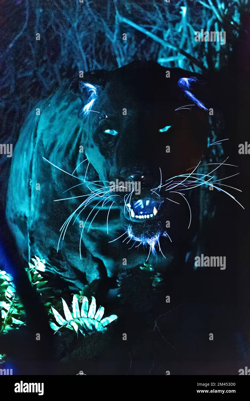 neon panther with neon lights and glowing eyes around plants Stock ...