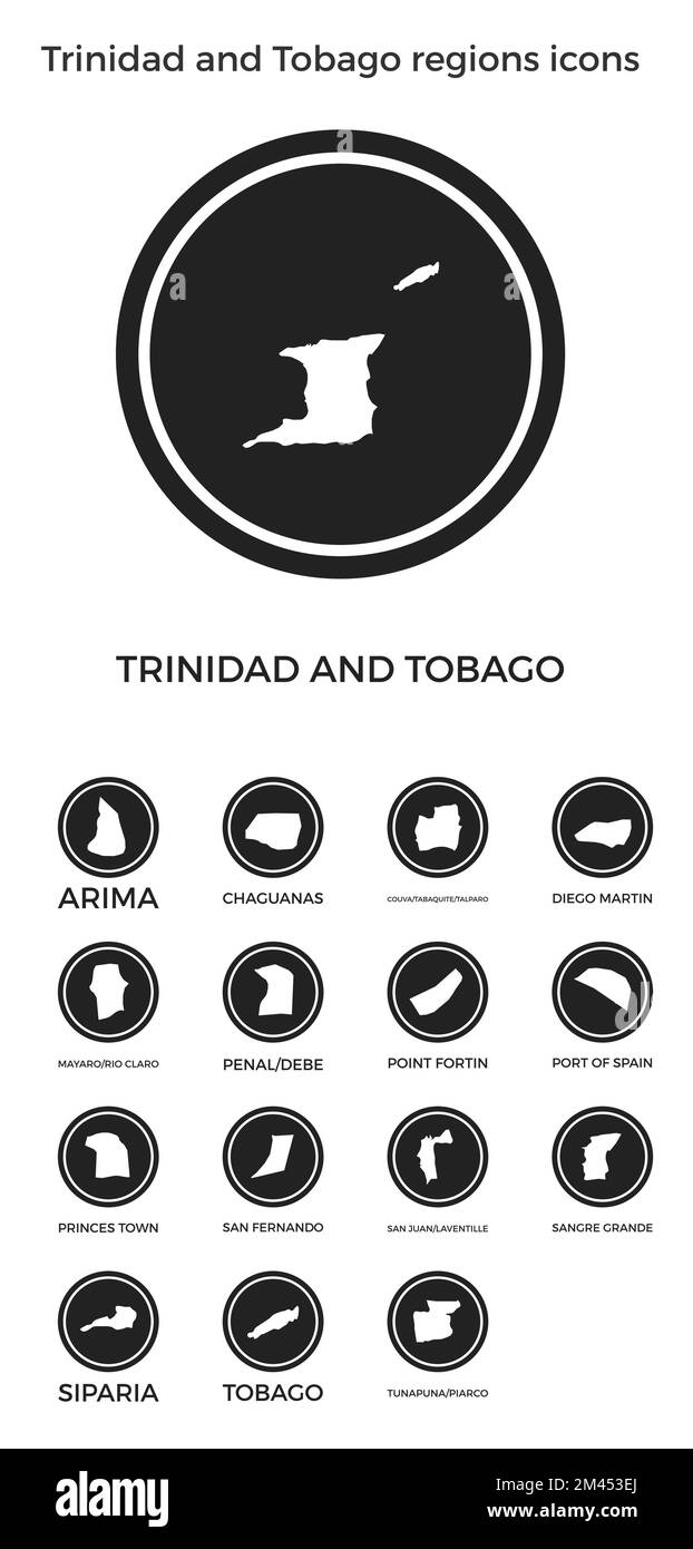 Trinidad and Tobago regions icons. Black round logos with country ...