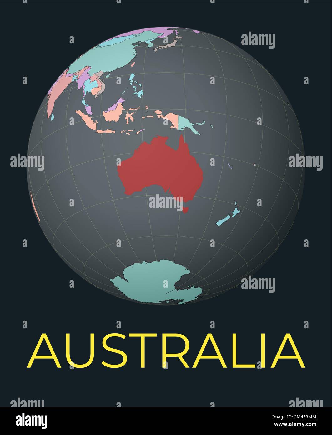 World map centered on Australia. Red country highlighted. Satellite ...