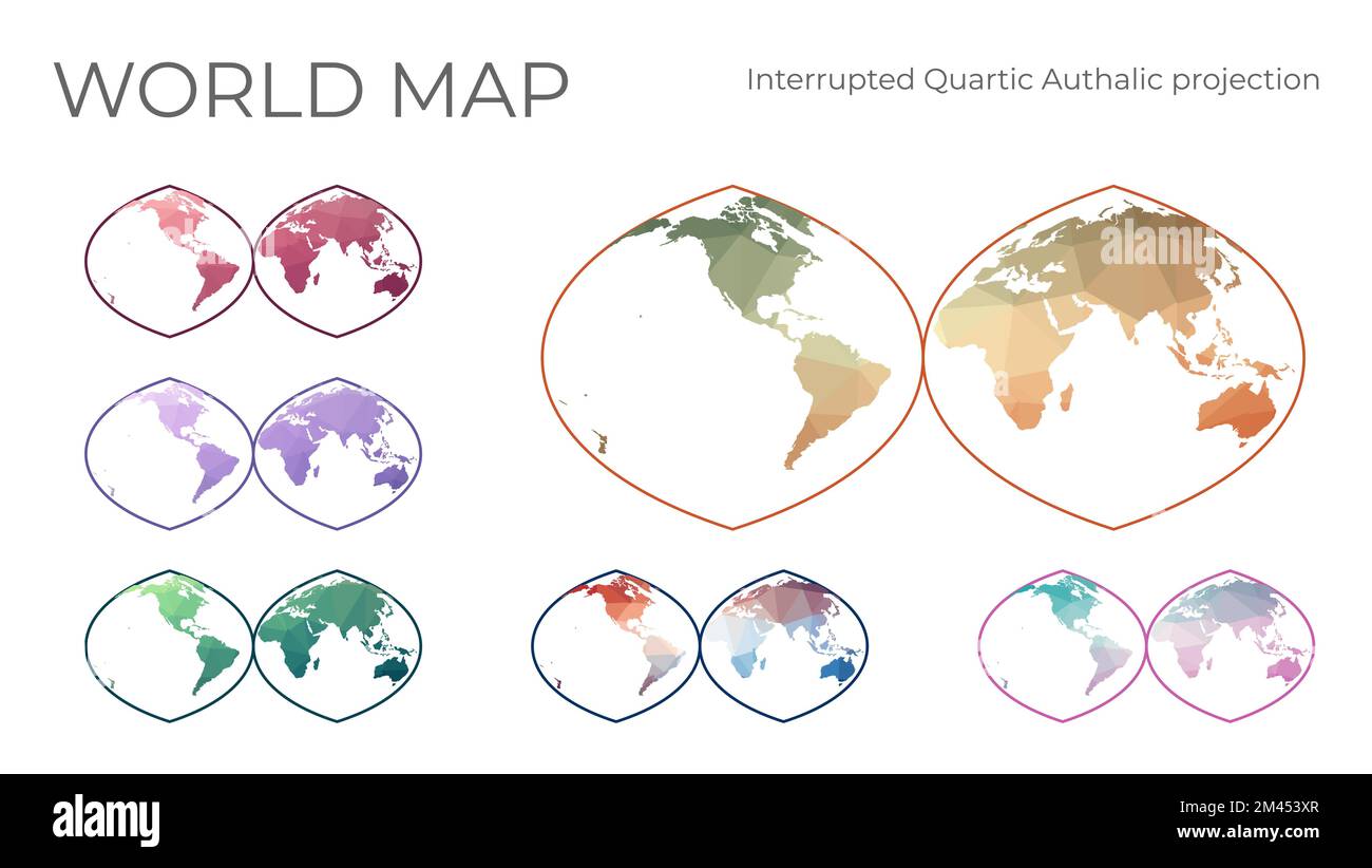 Low Poly World Map Set. Quartic authalic projection interrupted into ...