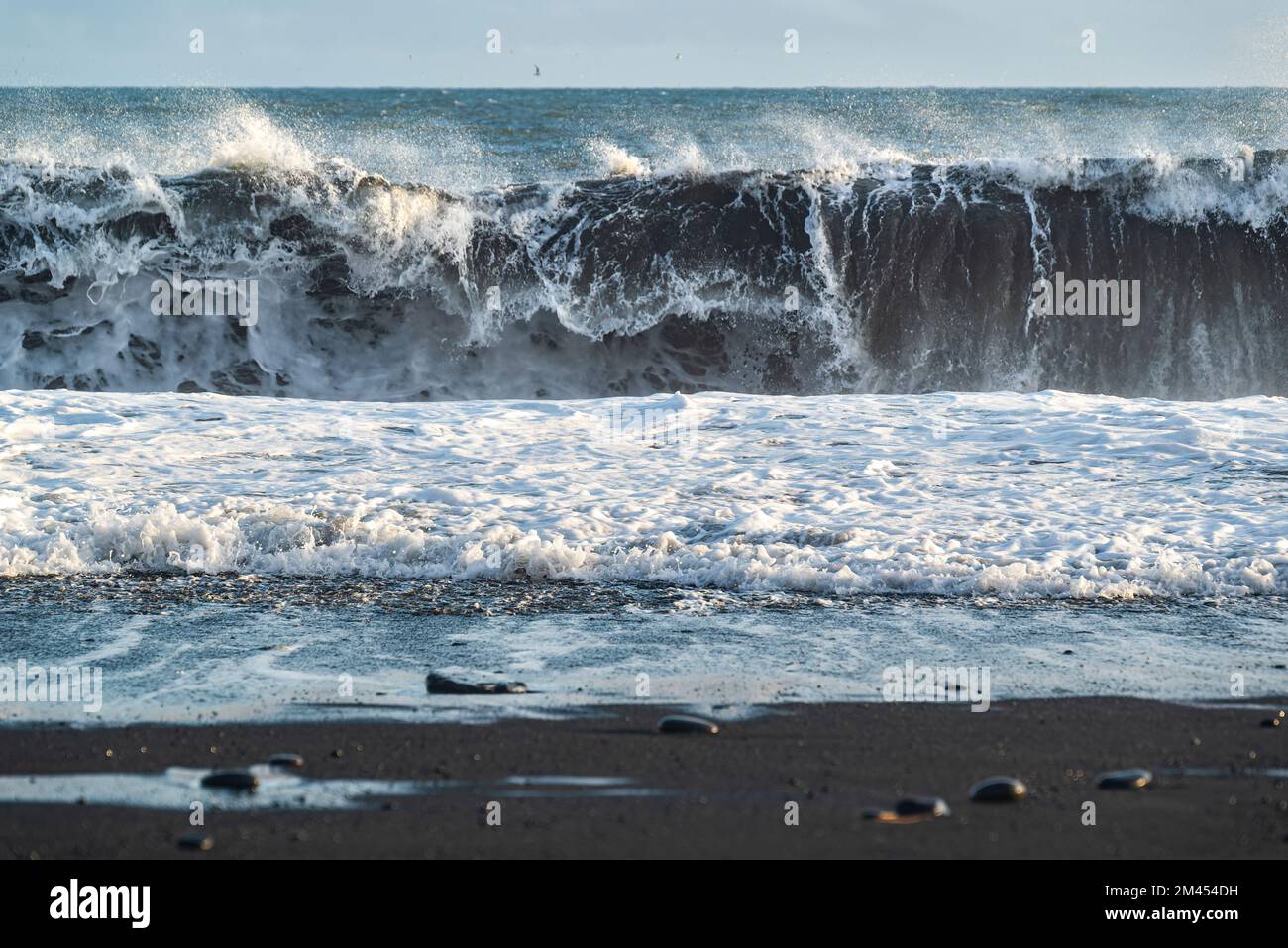 Mighty sea waves and powerful surf at the black lava sand of ...