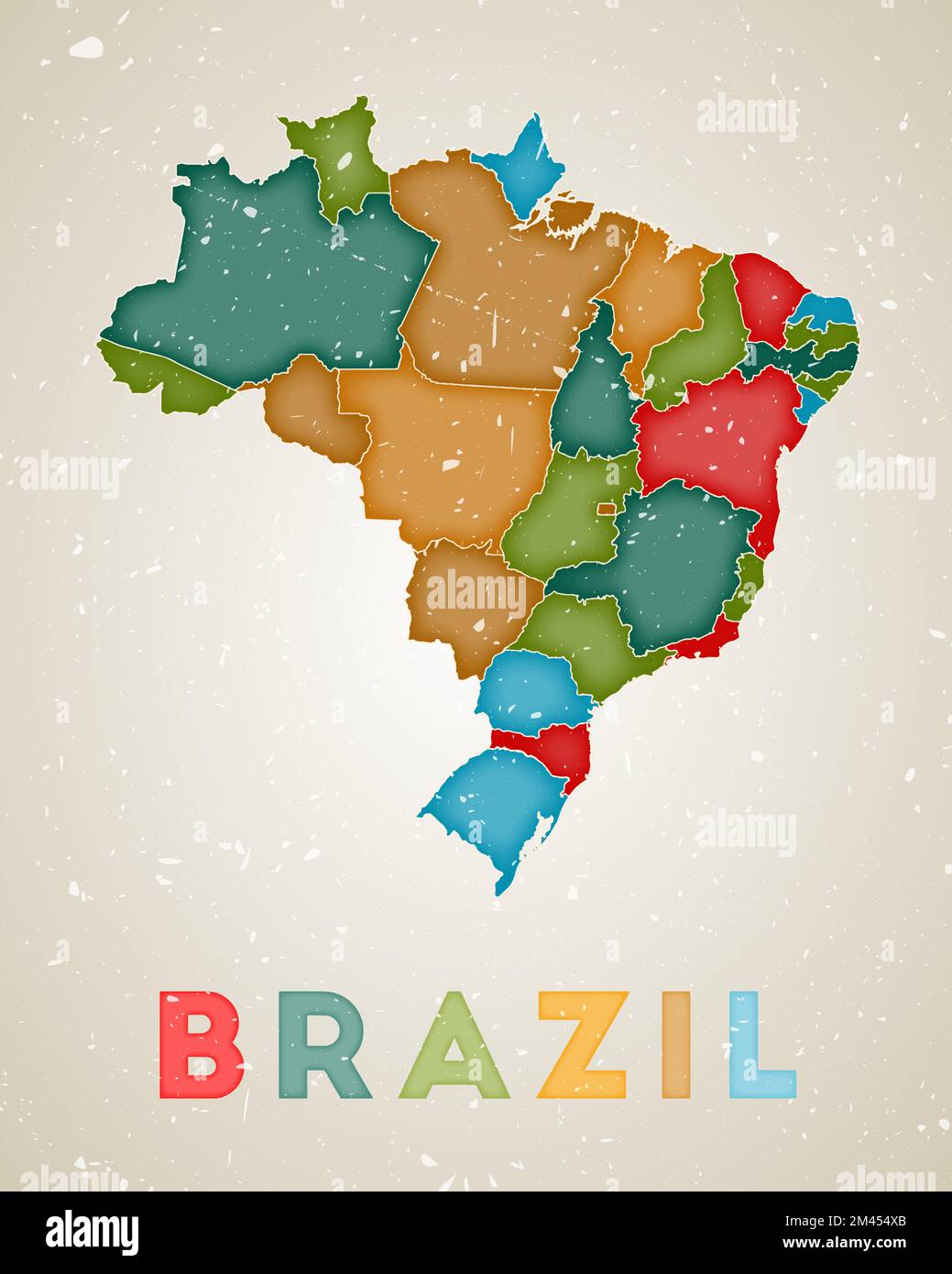 Brazil map. Country poster with colored regions. Old grunge texture ...
