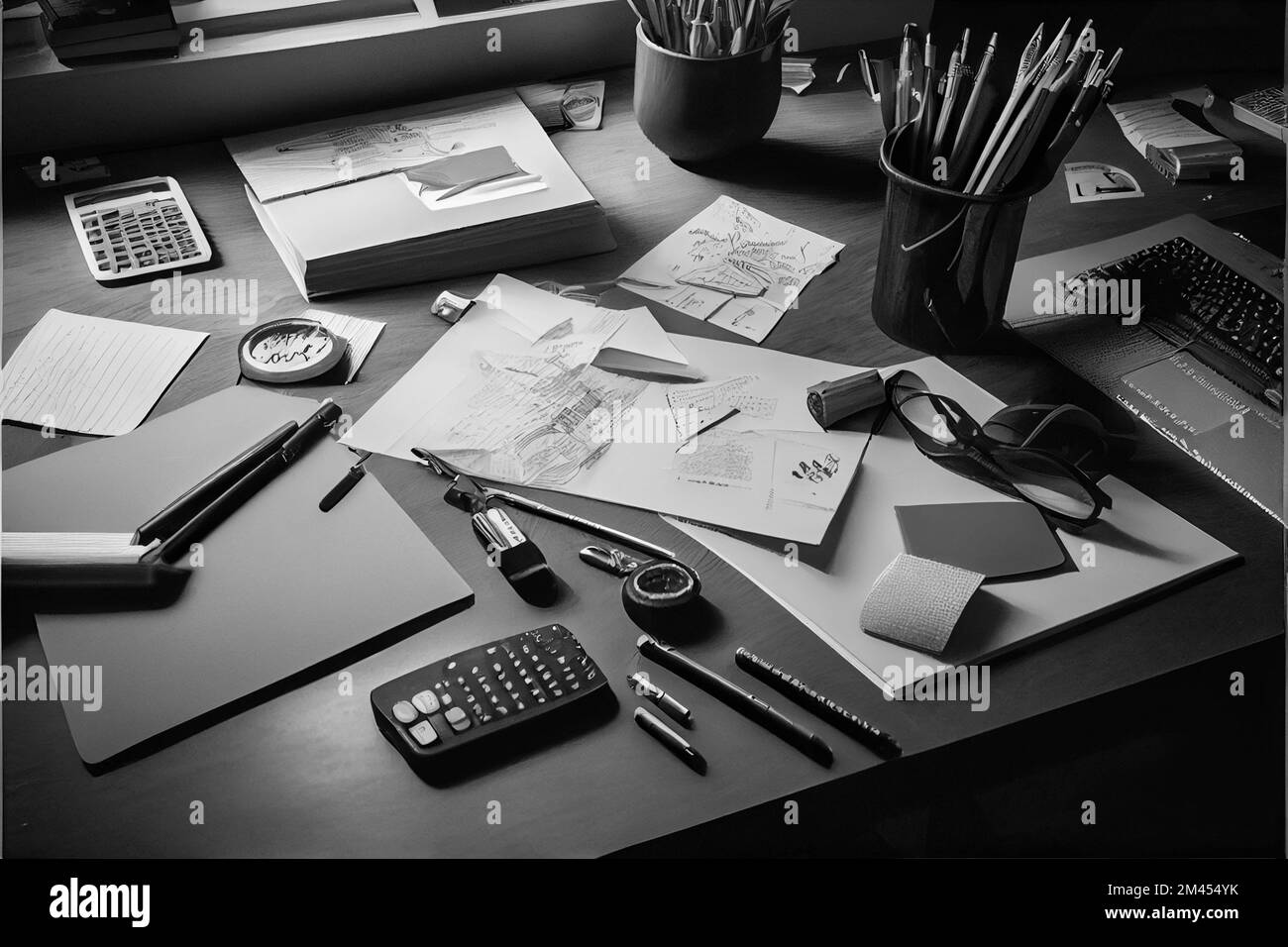 A cluttered desk with pens, papers, and other planning materials ...