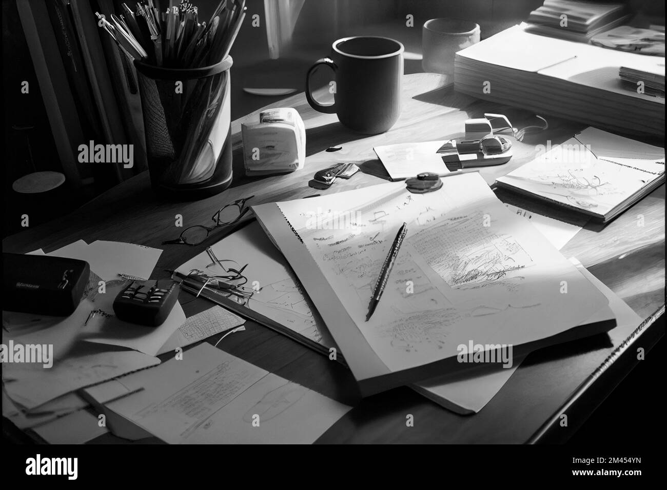 A cluttered desk with pens, papers, and other planning materials ...