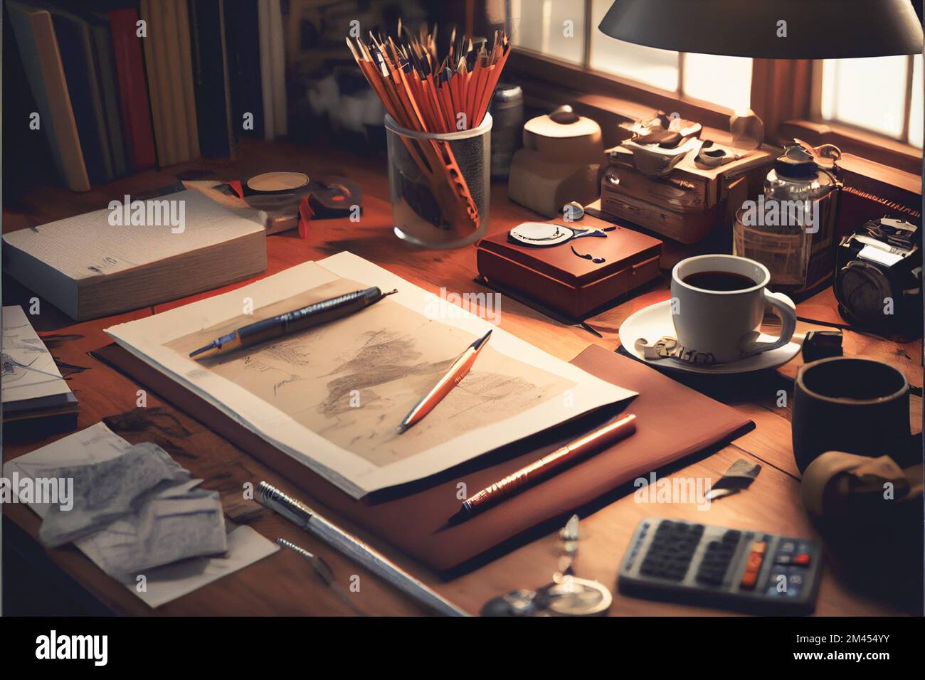 A cluttered desk with pens, papers, and other planning materials ...