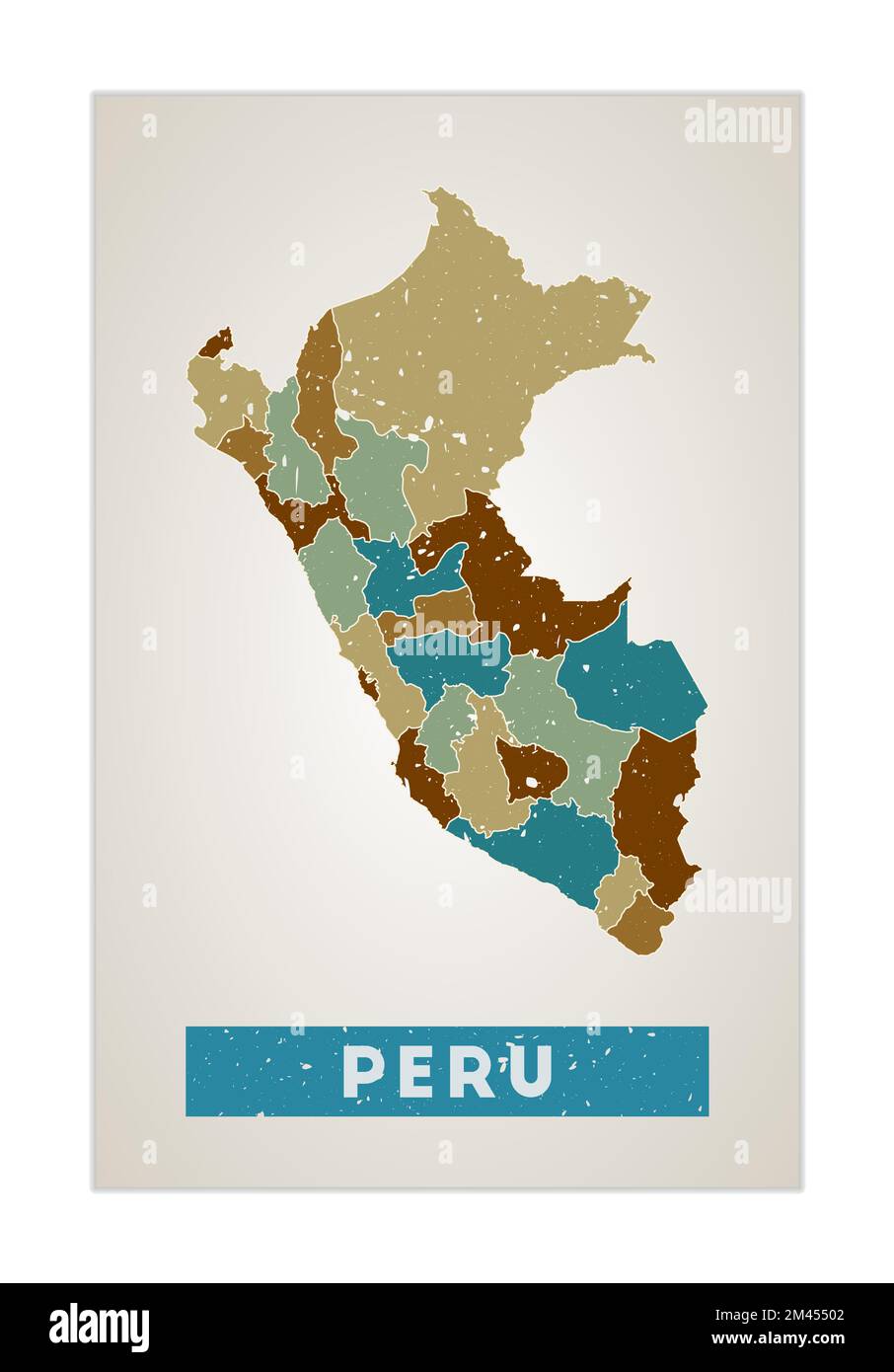 Peru map. Country poster with regions. Old grunge texture. Shape of ...