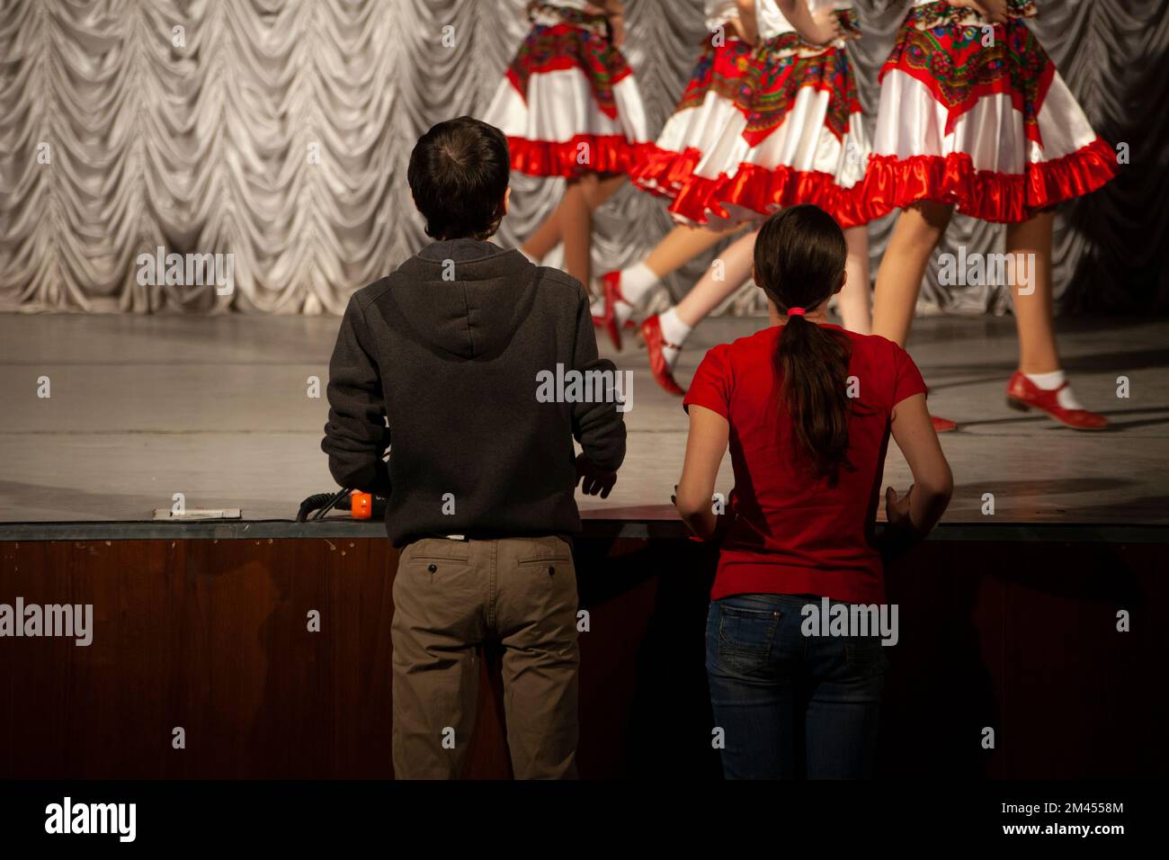 Dance lesson. Art training. Choreographers stand at stage. Man and ...